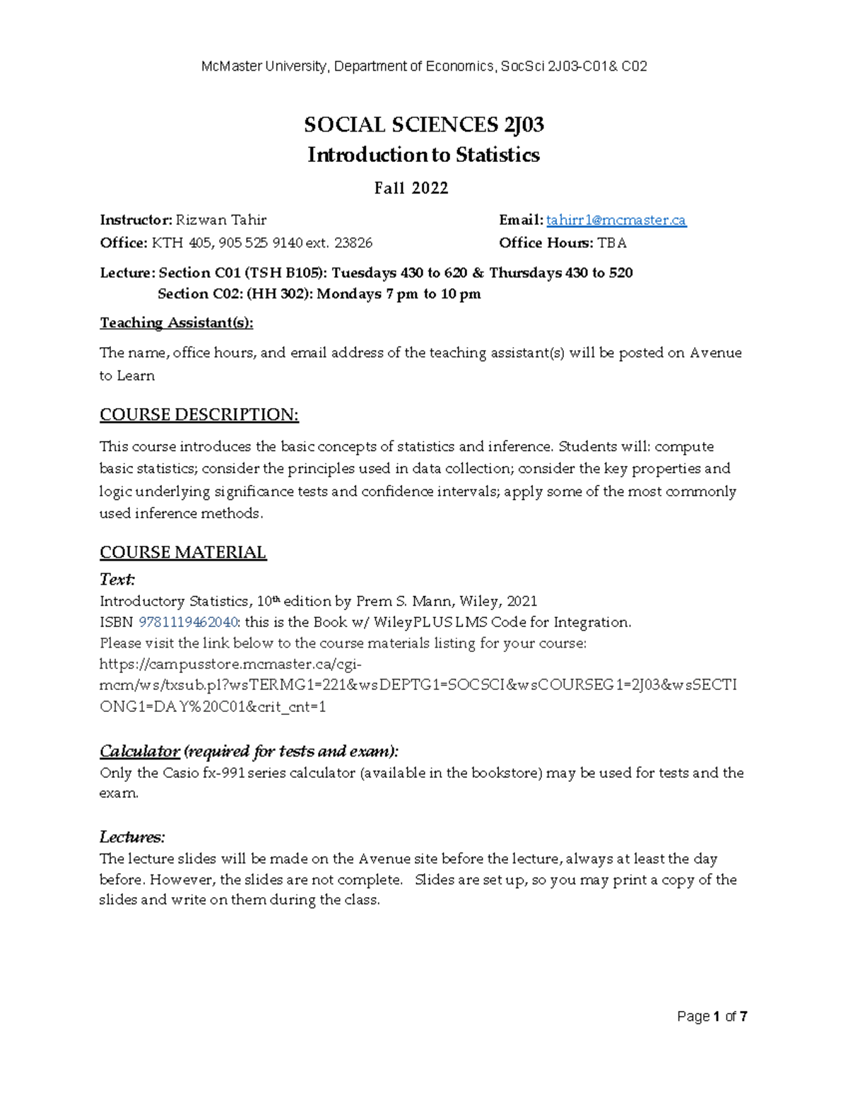 SOC SCI 2J03 Fall 2022 Course Outline by R. Tahir - Studocu