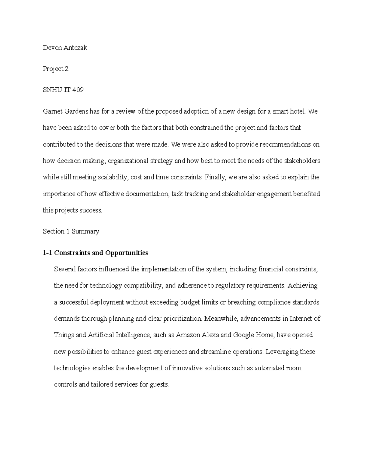 IT 409 Class Project 2: Smart Hotel Design Review and Recommendations ...