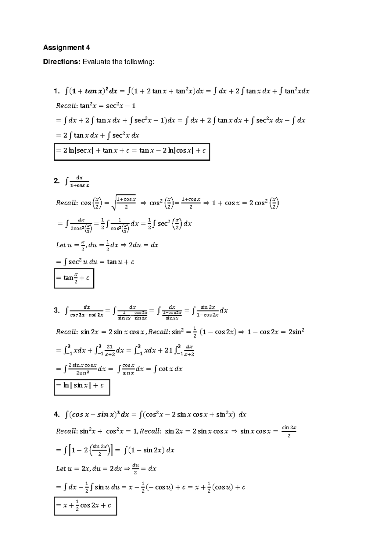 Calculus Assignment 4: Integral Evaluations and Techniques - Studocu