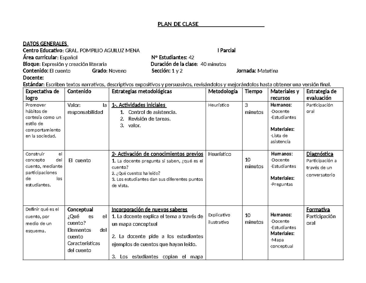 Plan de Clase: Noveno Grado - Tema El Cuento y su Estructura - Studocu
