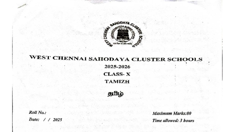 Sahodhya Chennai State Cluster Schools X Tamizh Exam Paper - Studocu