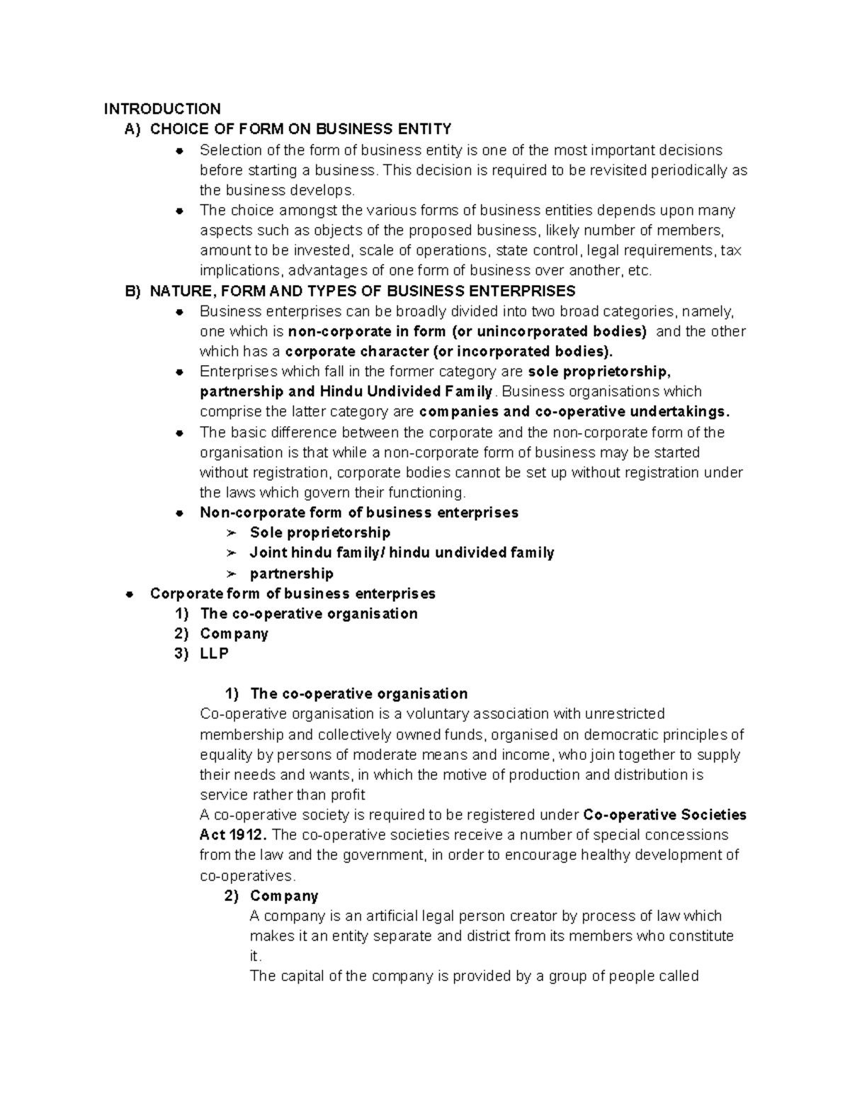 Company Law Notes - INTRODUCTION A) CHOICE OF FORM ON BUSINESS ENTITY ...