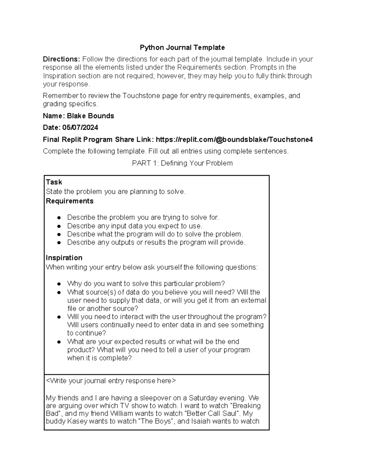 Timestone 4 for Python Programming - Python Journal Template Directions ...