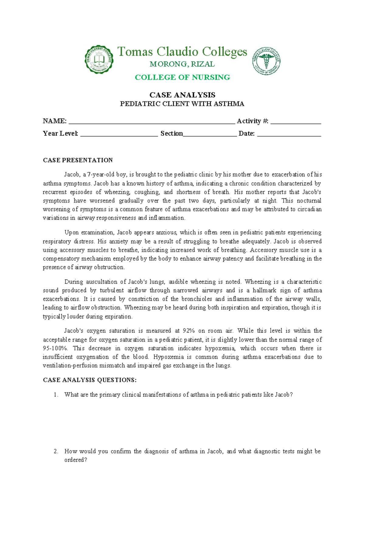 Case Analysis Pedia (Asthma) - Tomas Claudio Colleges MORONG, RIZAL ...