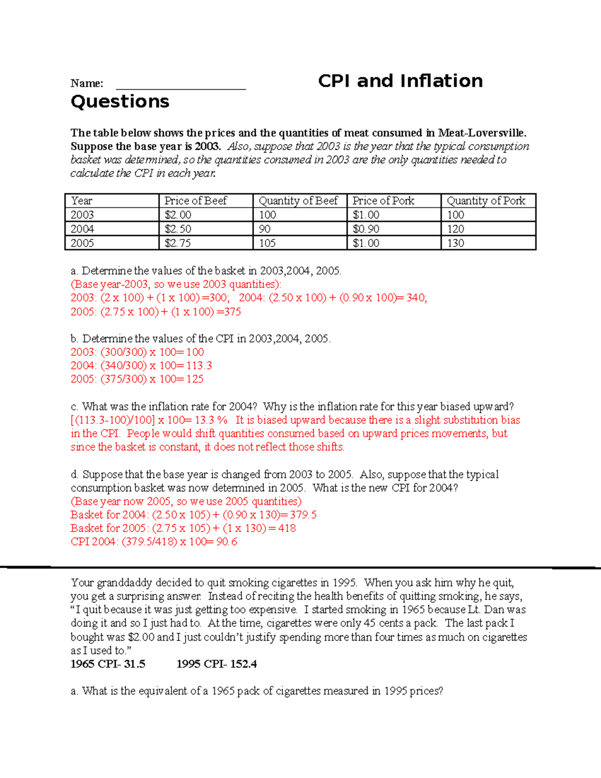 CPI in-class worksheet-completed - Name: ______________________ CPI and ...