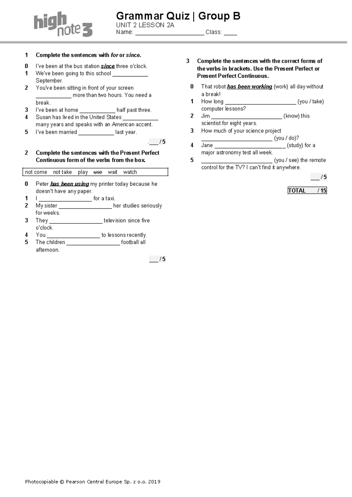 High Note 3 U2A Grammar Quiz B: Present Perfect & Continuous - Studocu