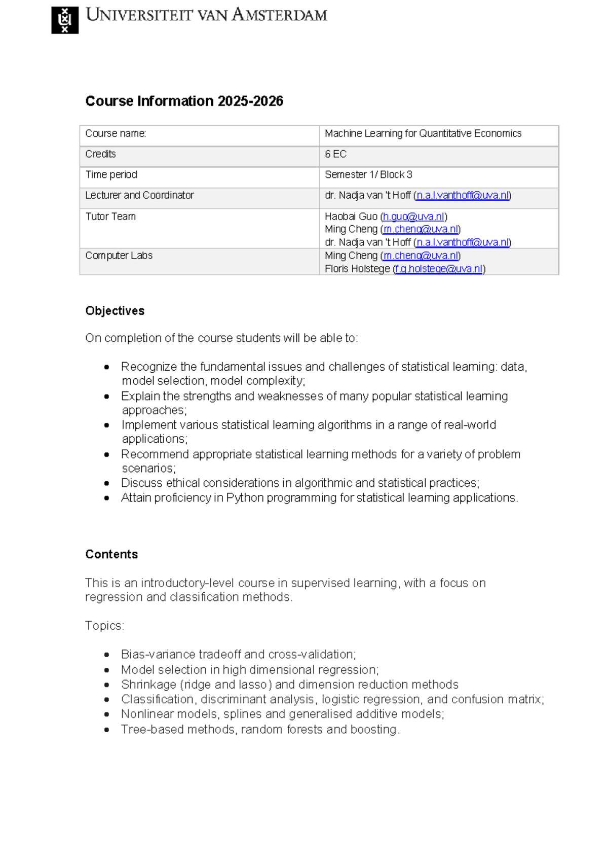 Machine Learning for Quantitative Economics (EC 6) Course Info ...