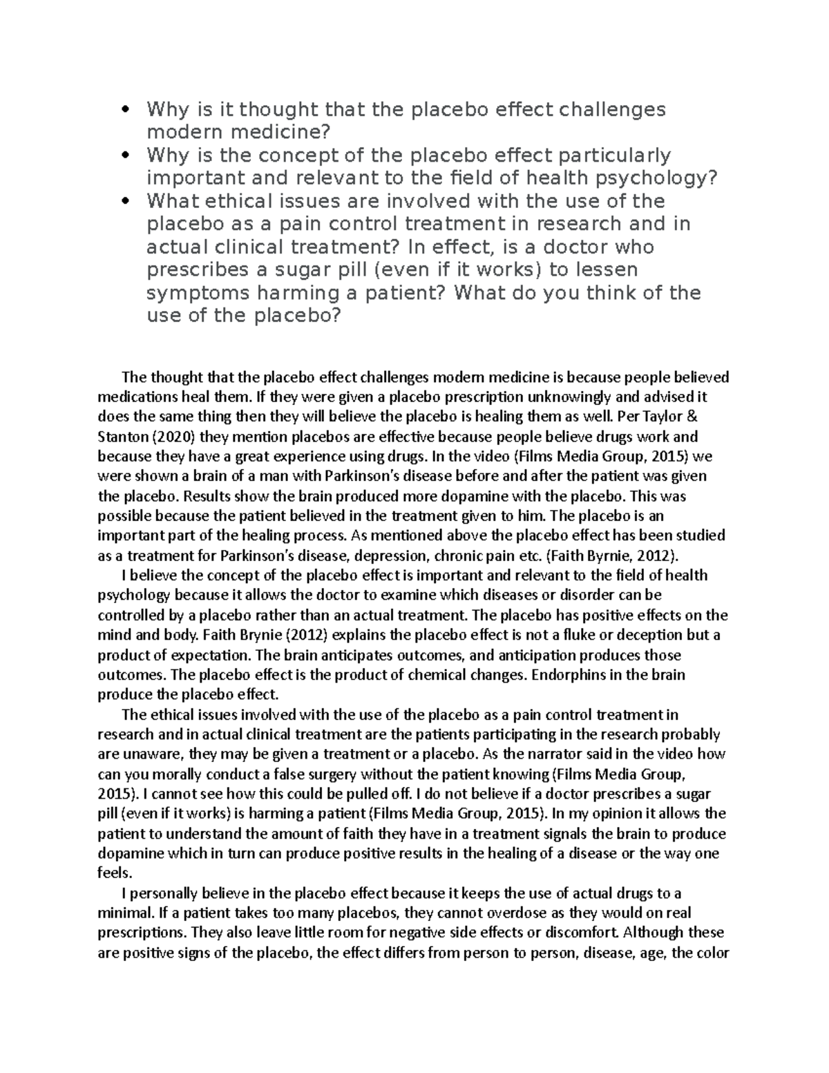 PSY225 Discussion 5-2: The Placebo Effect in Health Psychology - Studocu