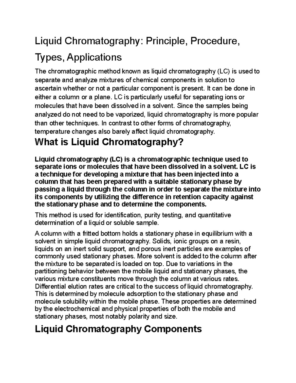 Liquid Chromatography Principle, Procedure, Types, Applications - Liquid Chromatography ...