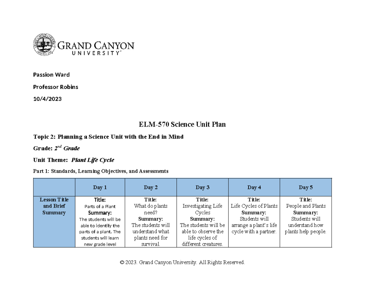 ELM-570 Science Unit Plan: Plant Life Cycle for 2nd Grade Lessons - Studocu