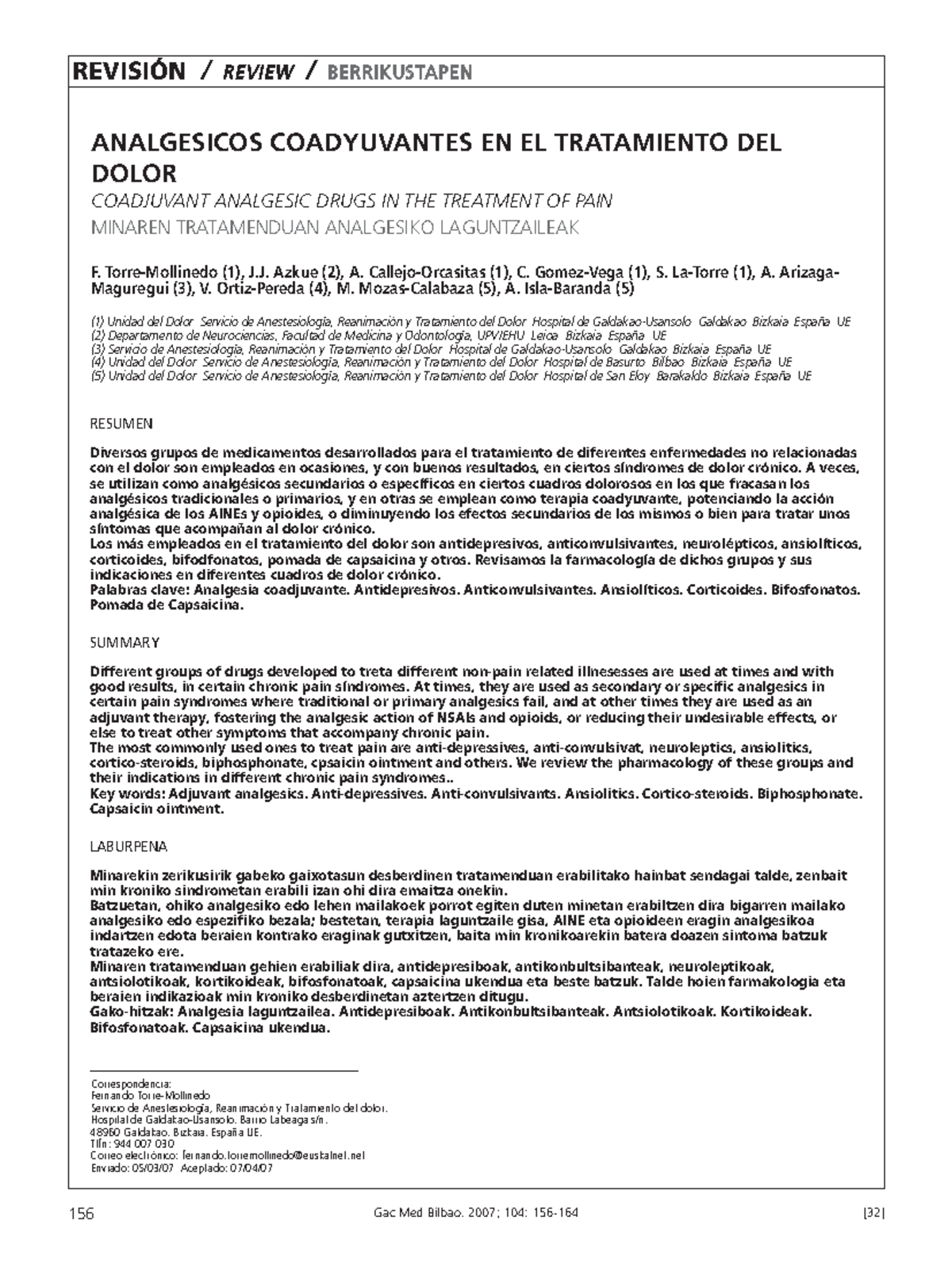 ANÁLISIS DE ANALGÉSICOS COADYUVANTES EN EL TRATAMIENTO DEL DOLOR - Studocu