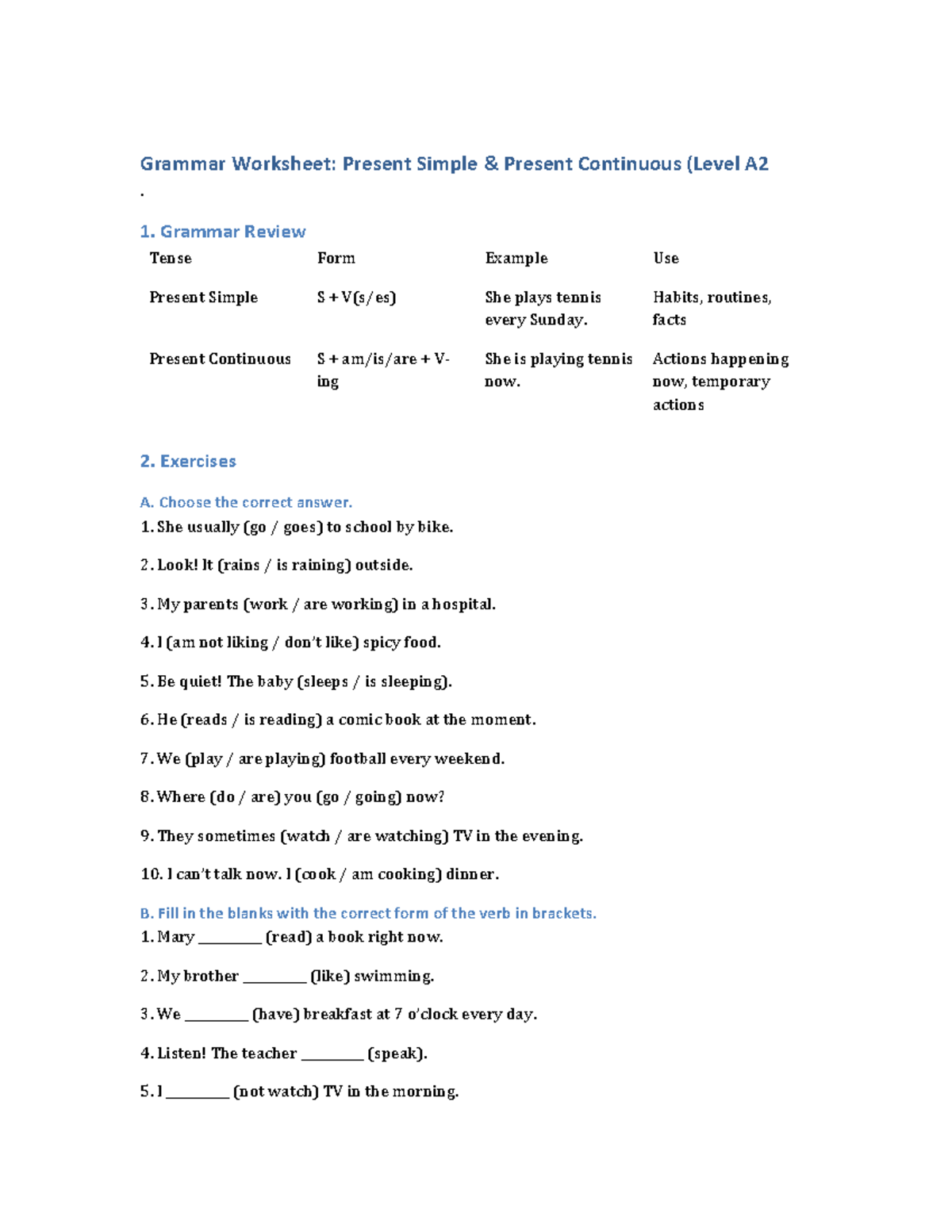 Grammar Worksheet: Present Simple & Continuous (Level A2) - Studocu