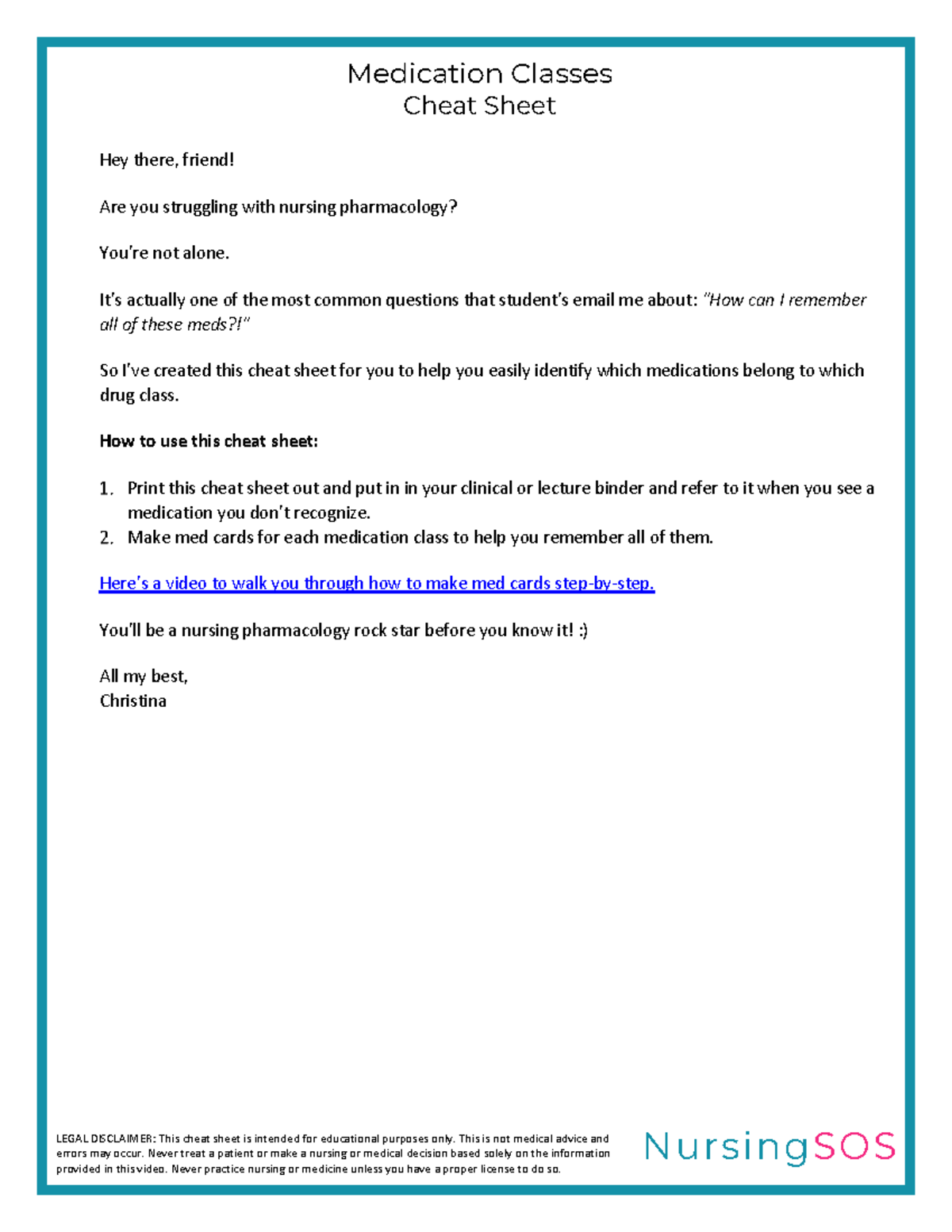 Medication Classes - Pharmacology 2 - Medication Classes Cheat Sheet ...