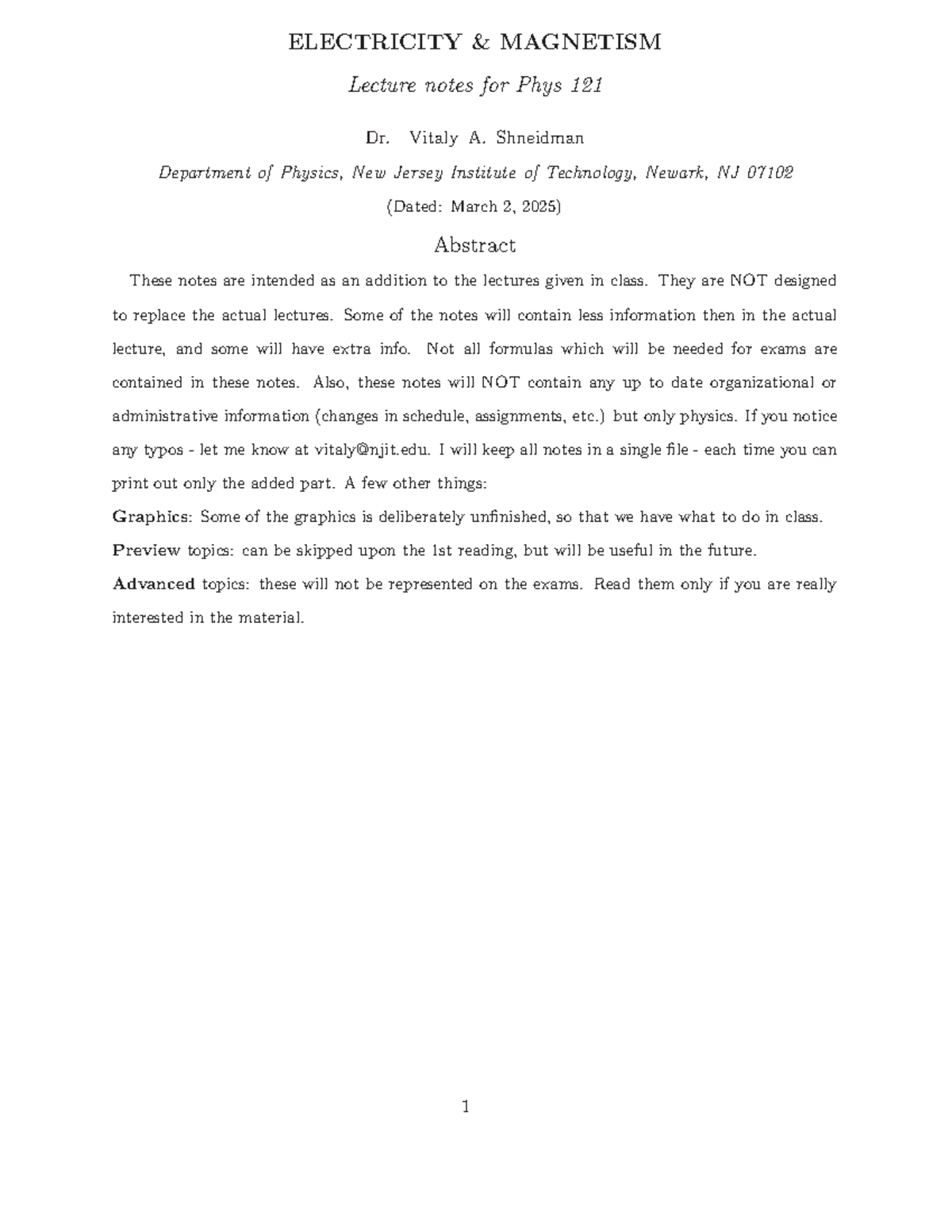 Electricity and Magnetism Lecture Notes - PHYS 121 by Dr. Shneidman ...