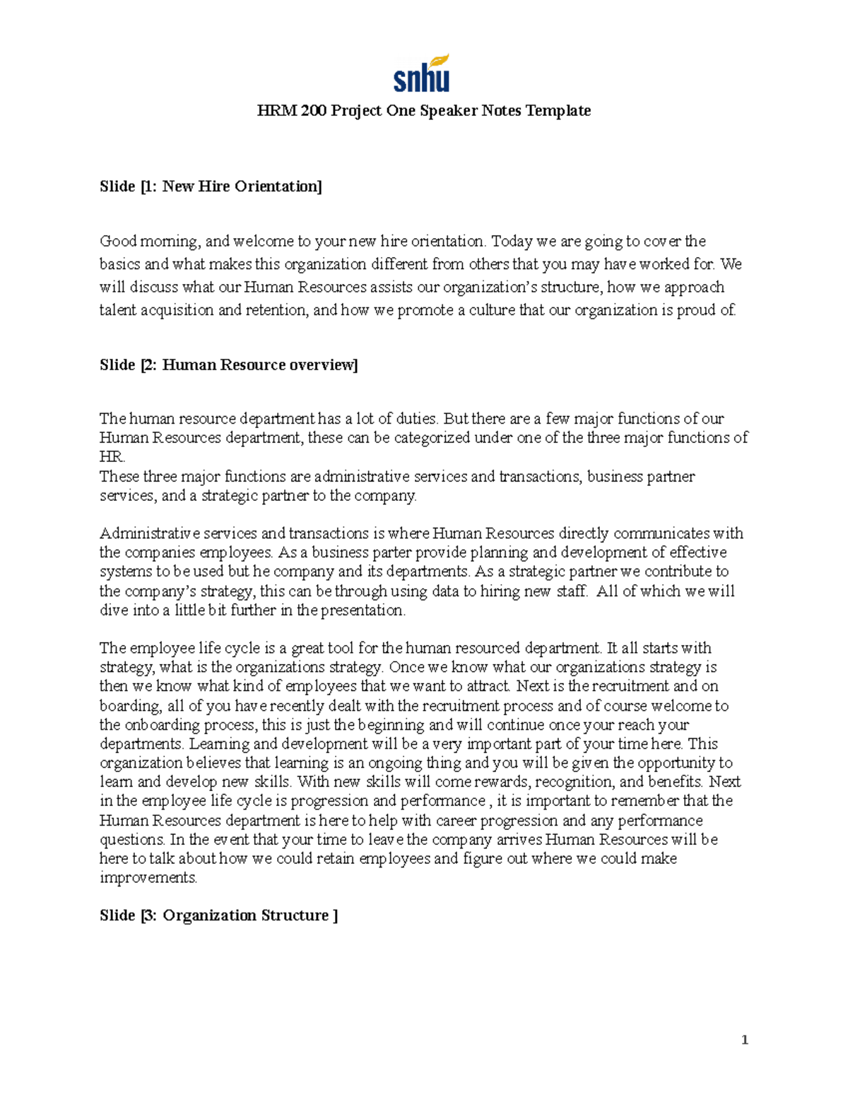 HRM 200 Project One: Speaker Notes for New Hire Orientation - Studocu
