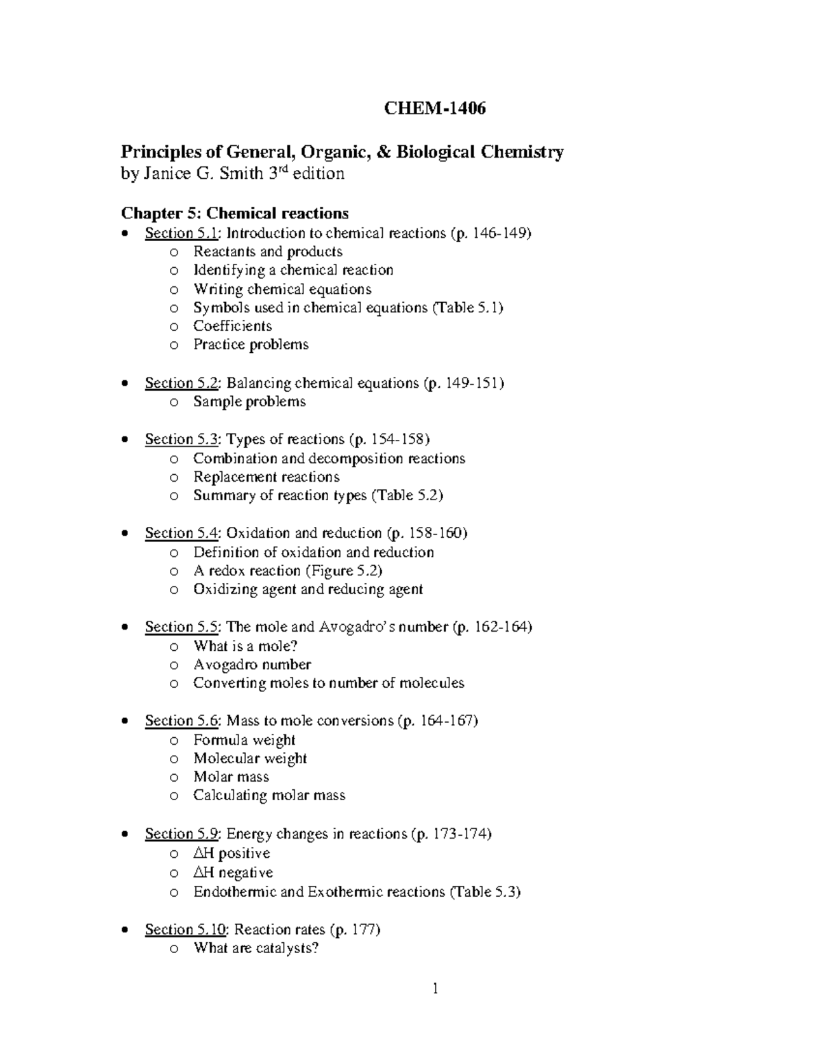 CHEM-1406 Chapter 5: Chemical Reactions - Studocu