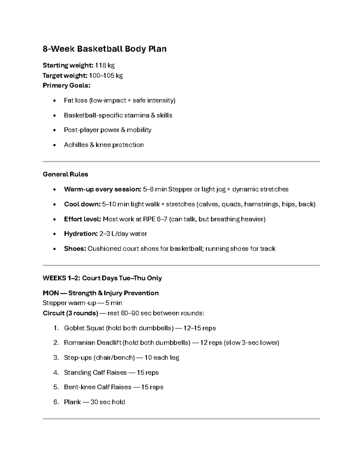 8-Week Basketball Body Plan: Weight Loss & Skill Development - Studocu