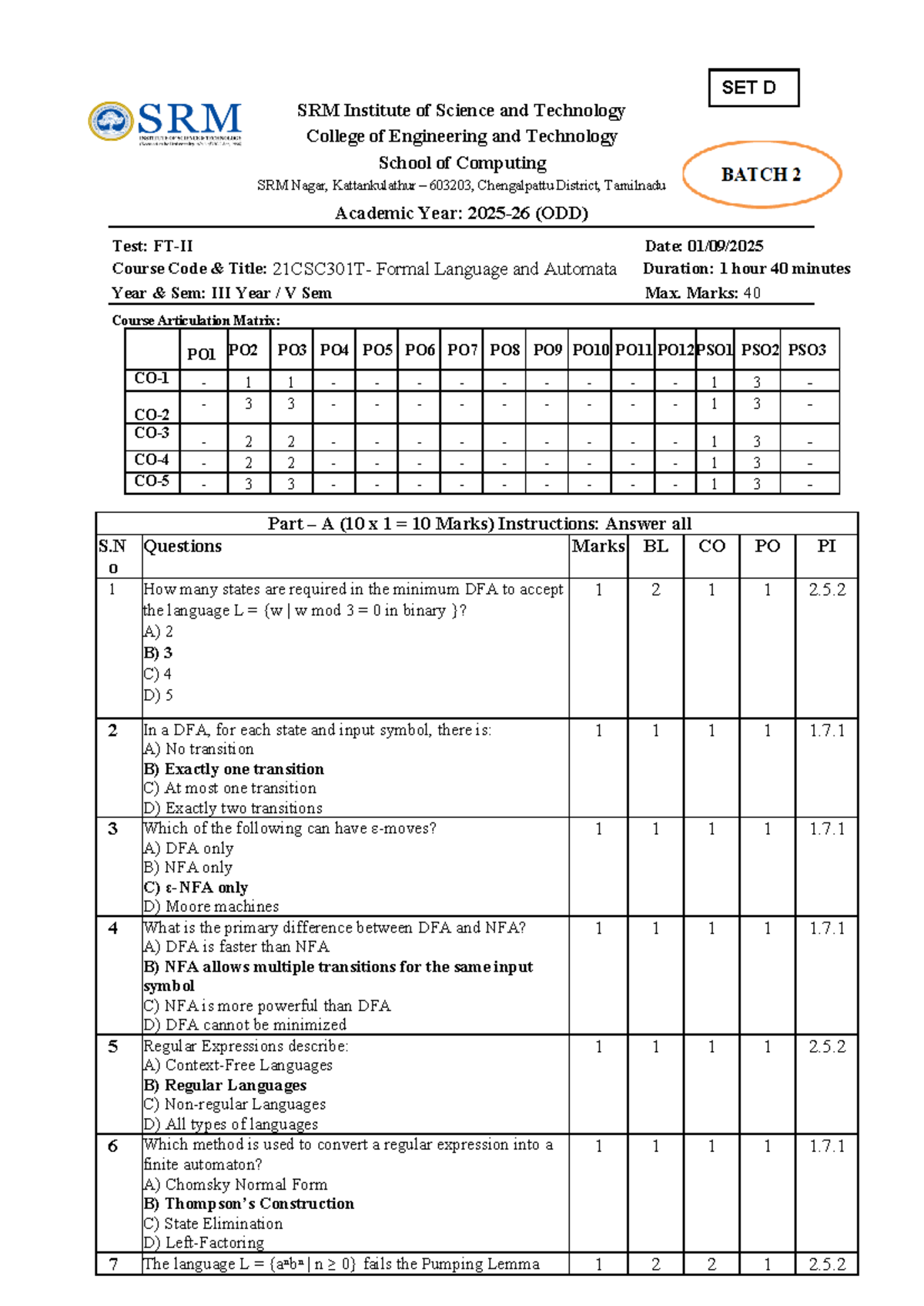 SET D - Formal Language and Automata Answer Key (Batch 2) - Studocu