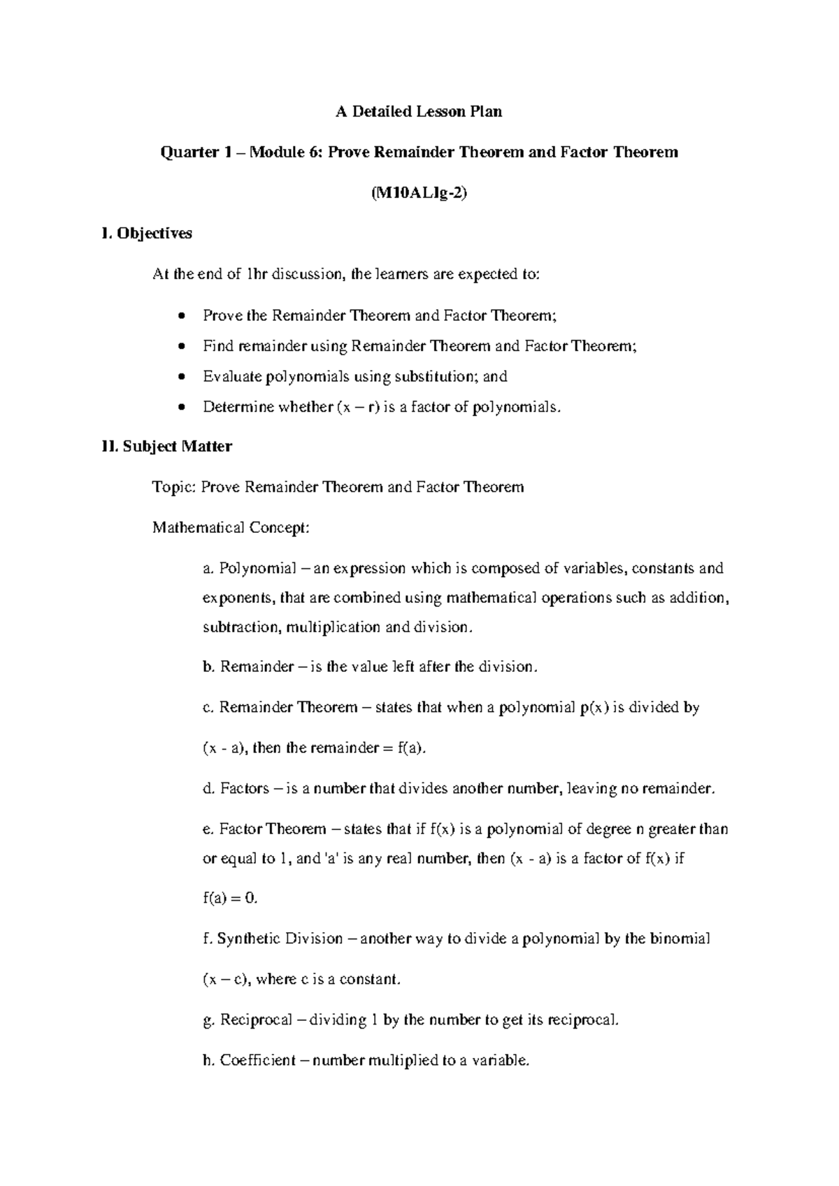 Proving Remainder and Factor Theorems (M10ALIg-2) Lesson Guide - Studocu