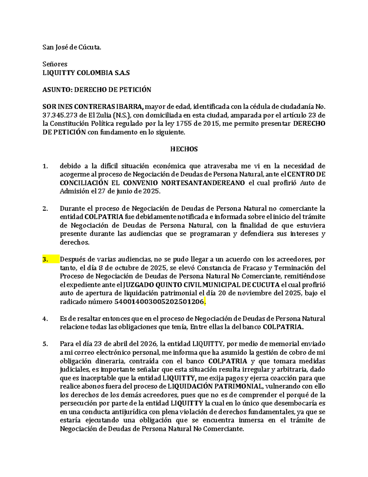 Derecho de Petición: SOR Inés Contreras Ibarra vs. LIQUITTY COLOMBIA S ...