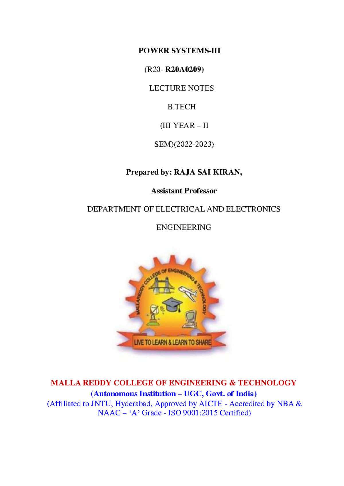 R20A0209 POWER SYSTEMS LECTURE NOTES B.TECH II YEAR - Studocu