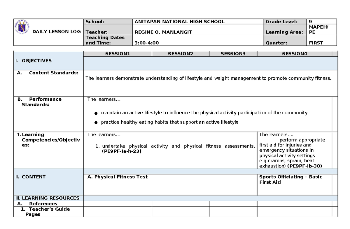 MAPEH 9 Daily Lesson Log: Physical Fitness and First Aid Activities ...
