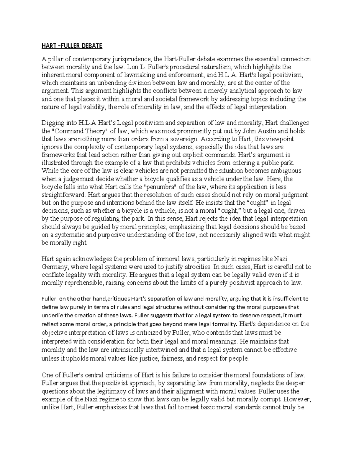 HART - notes on the view of scholar Hart - HART –FULLER DEBATE A pillar ...