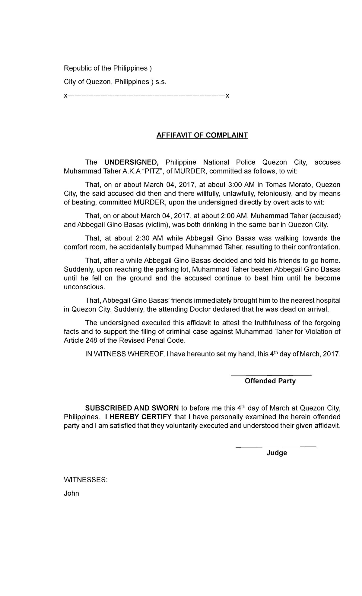 PNP Quezon City: Affidavit of Complaint, Counter Affidavit & Rejoinder ...
