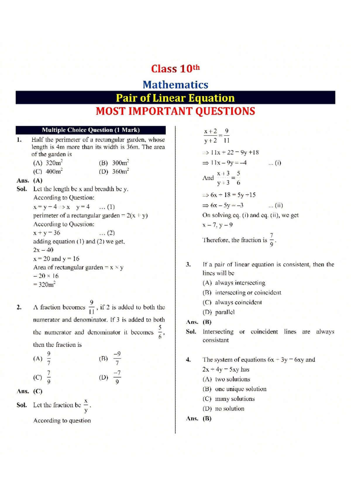 Class 10th Mathematics: Most Important MCQs on Linear Equations - Studocu