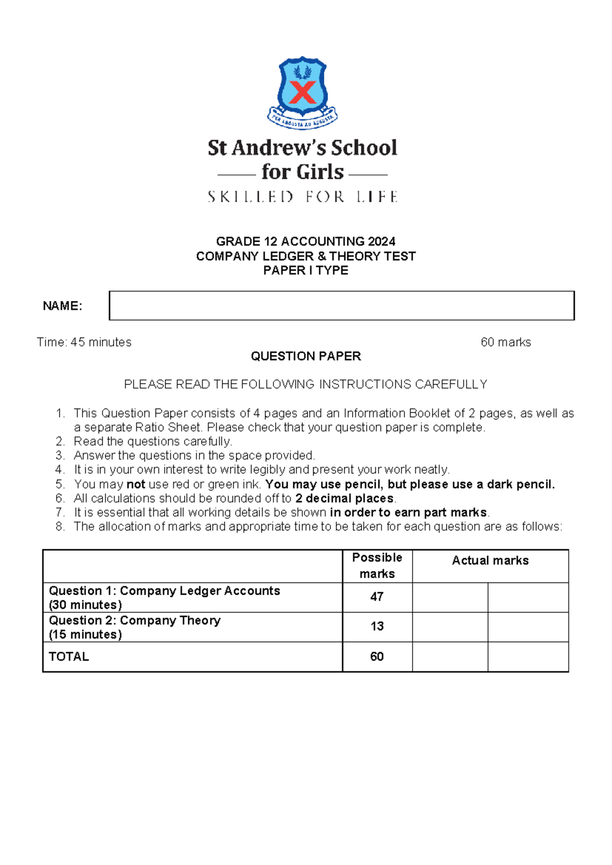 Grade 12 Accounting 2024 Company Ledger Theory Test Paper - Studocu