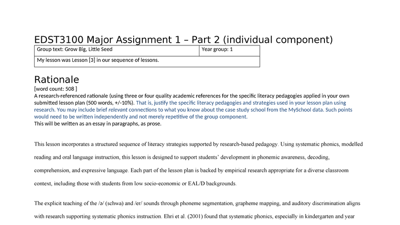 EDST3100 Major Assignment 1: Lesson Plan Rationale on Literacy Strategies - Studocu