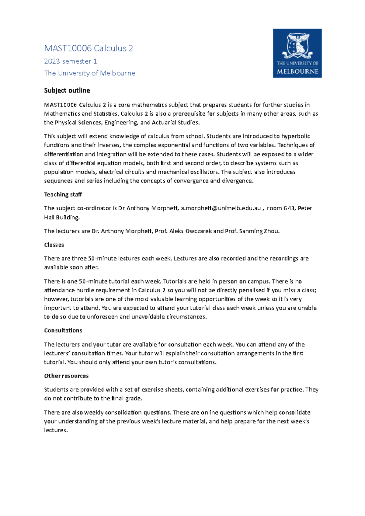 MAST10006 Calculus 2 Subject Outline for 2023 Semester 1 - Studocu