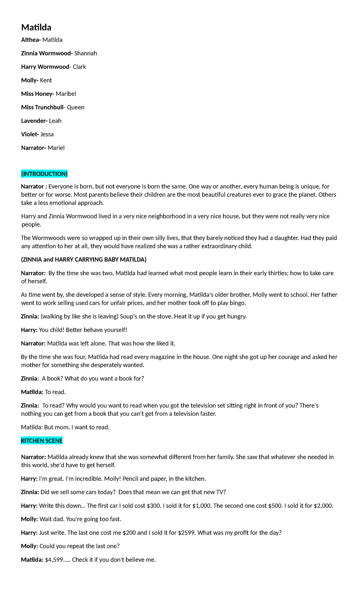 Matilda Script: Final Draft for Performance - Studocu