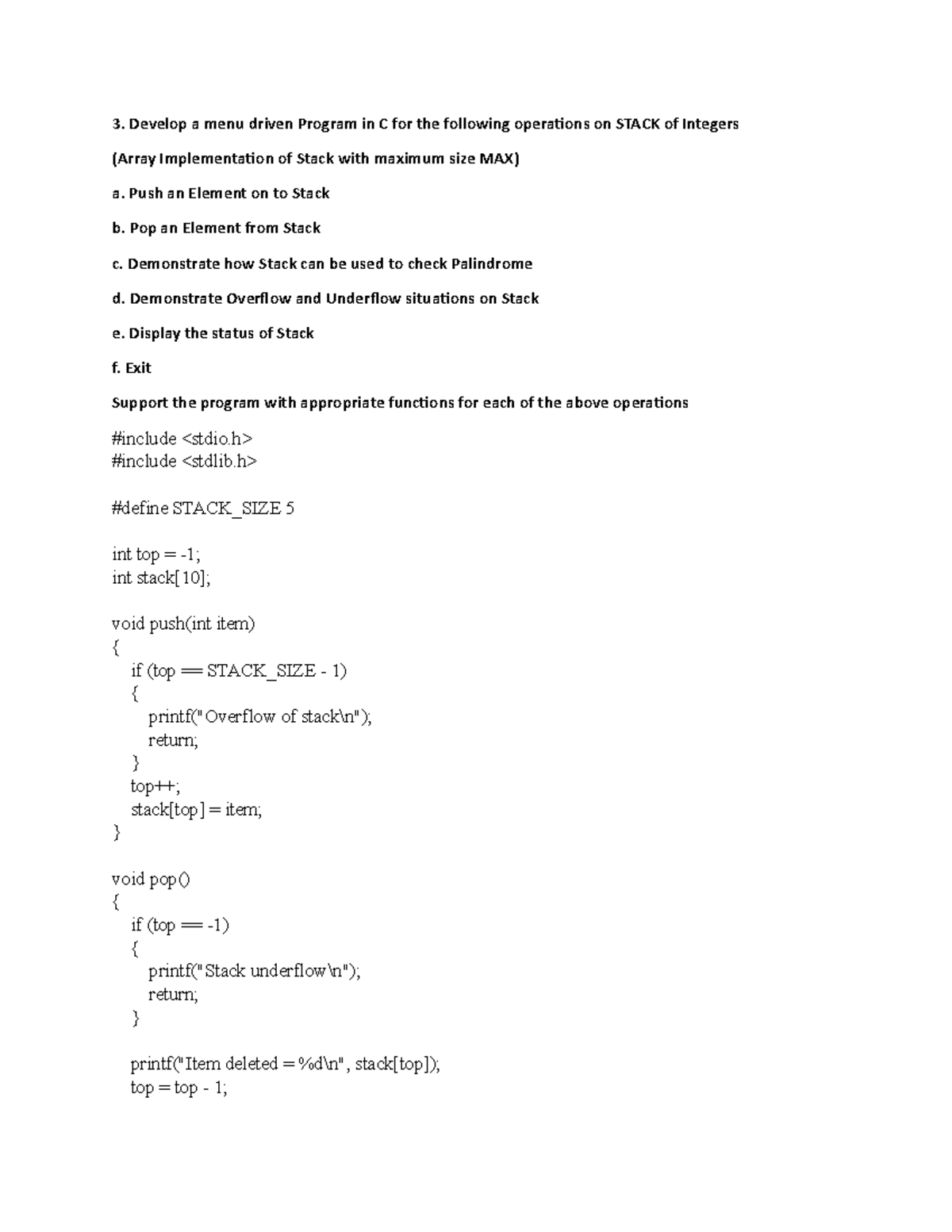 3-7 lab programs - Develop a menu driven Program in C for the following operations on STACK of ...