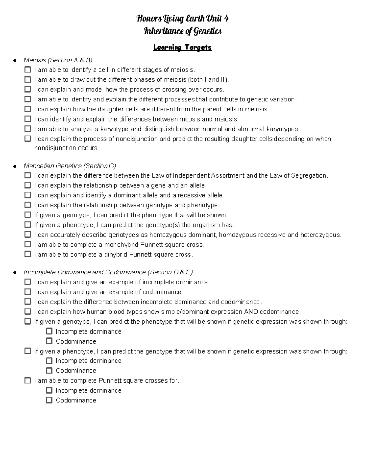 Honors Living Earth Unit 4 Genetics Learning Targets and Concepts ...