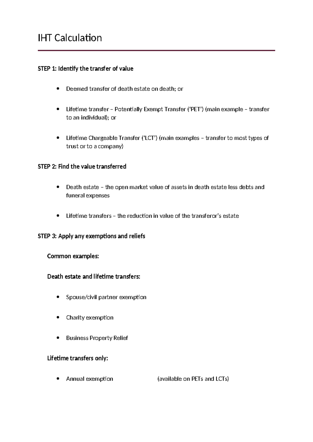 IHT Calculation: Understanding Transfers and Exemptions - Studocu
