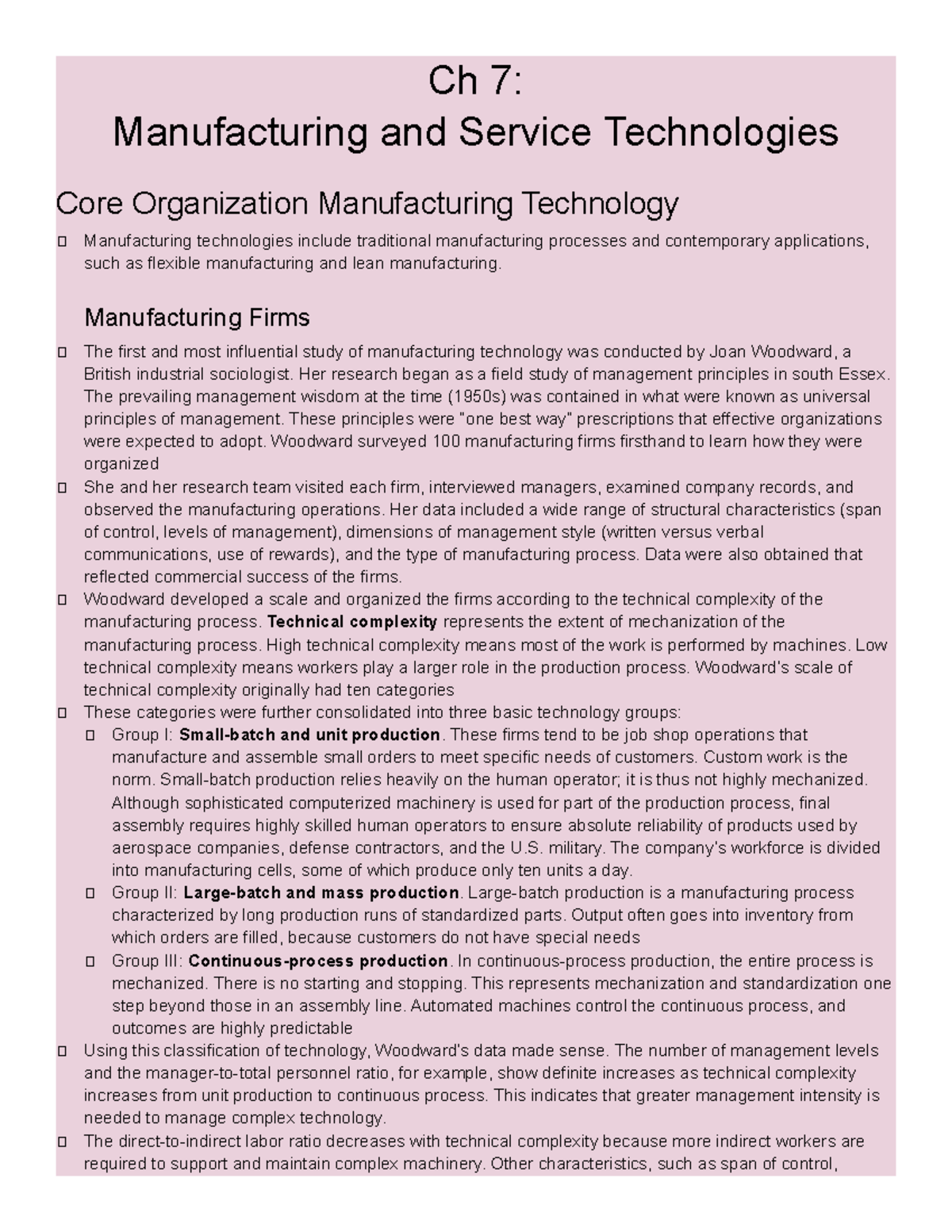 Ch 7: Manufacturing & Service Technologies Overview and Insights - Studocu