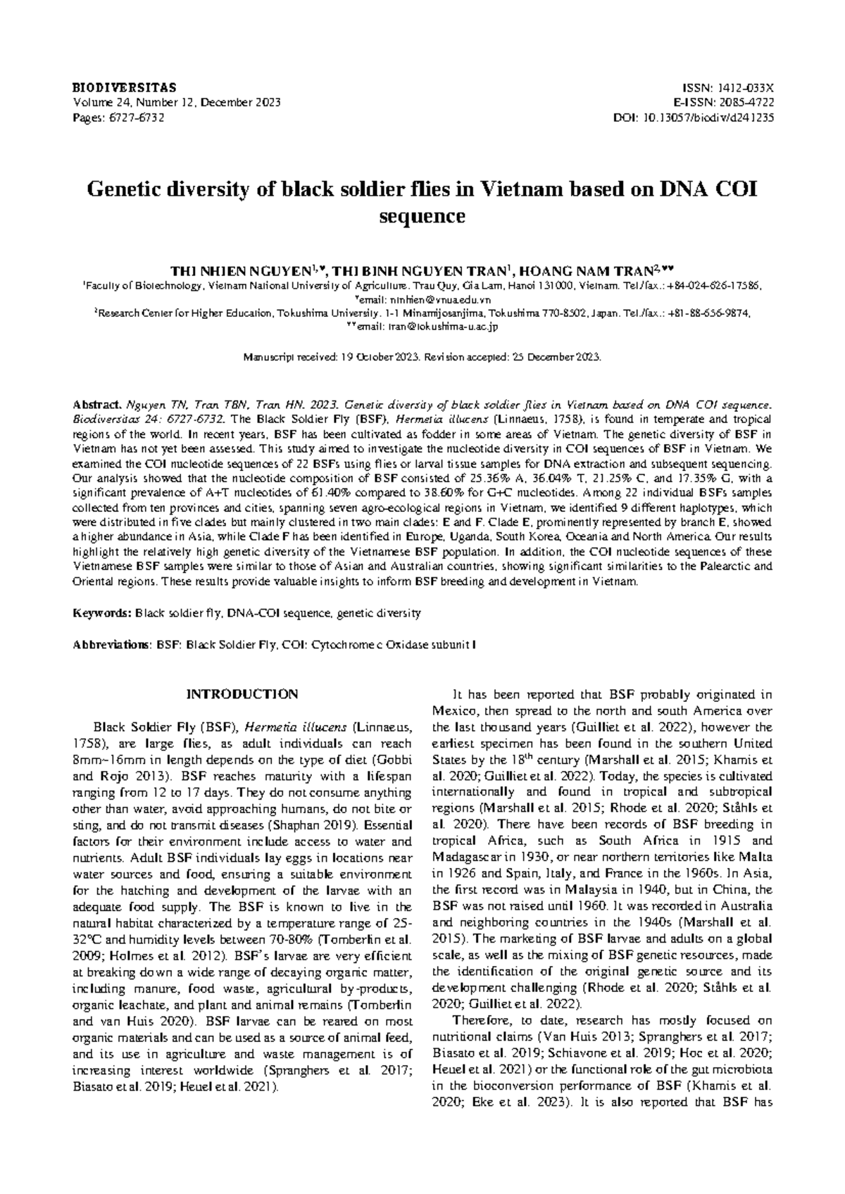 Genetic Diversity of Black Soldier Flies (BSF) in Vietnam: COI Analysis ...
