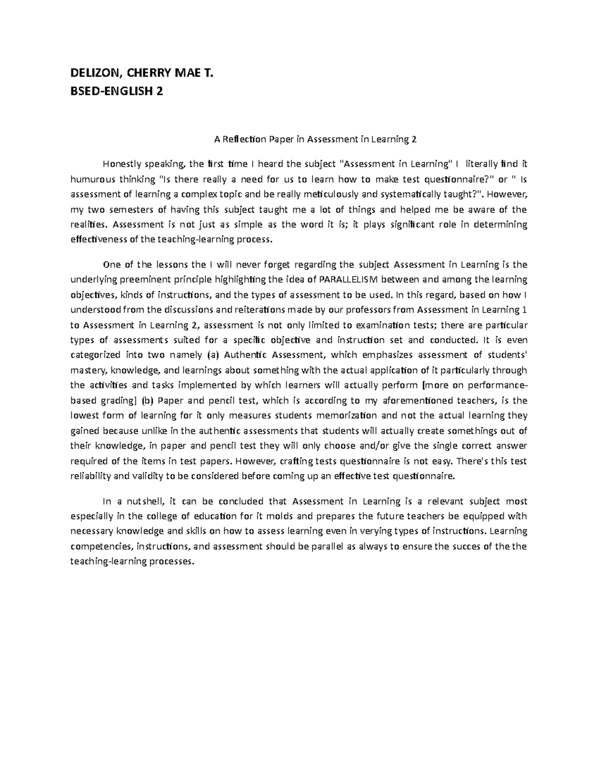 Reflection Paper on Assessment in Learning 2 - DELIZON, CHERRY MAE T ...