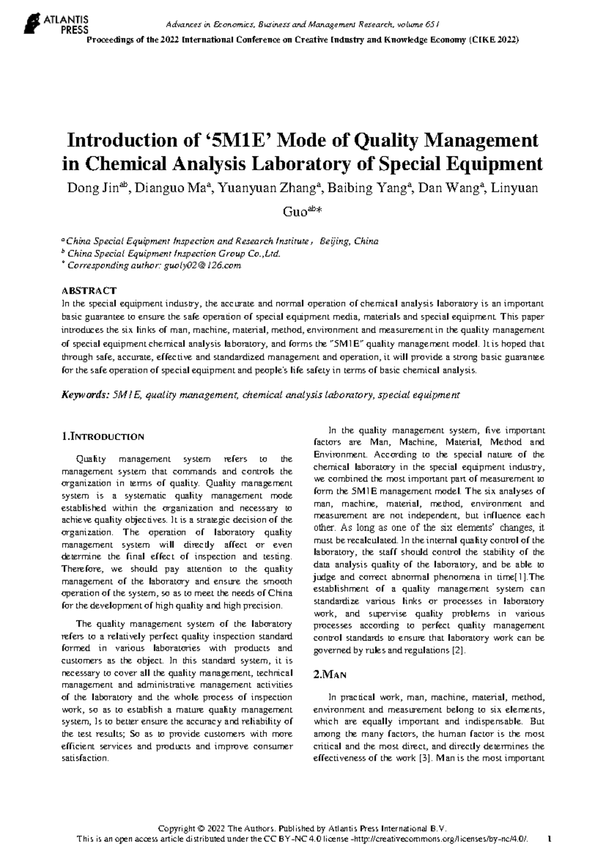 5M1E Quality Management Model in Special Equipment Labs - Studocu