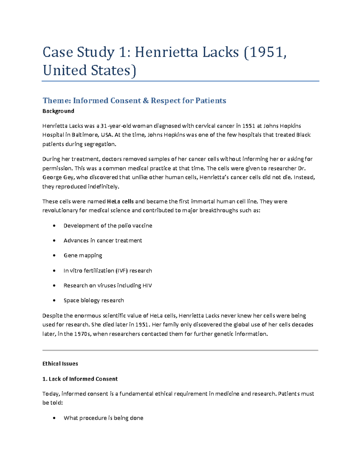 Case Study: Henrietta Lacks & Vioxx Drug Controversy (PFE301) - Studocu