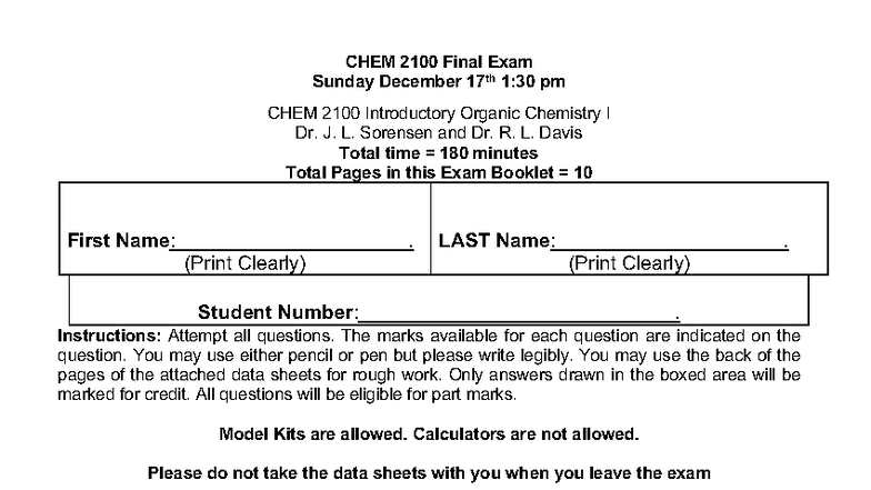 CHEM 2100 F23 Final Exam Practice Questions and Guidelines - Studocu