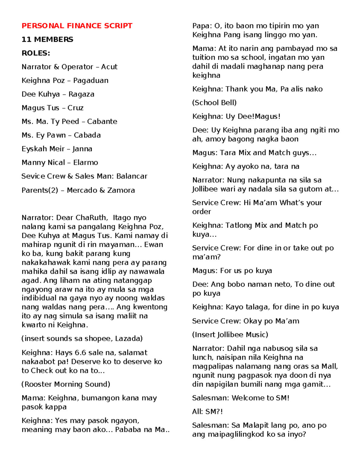 Personal Finance Script for Class Project - Members & Roles - Studocu