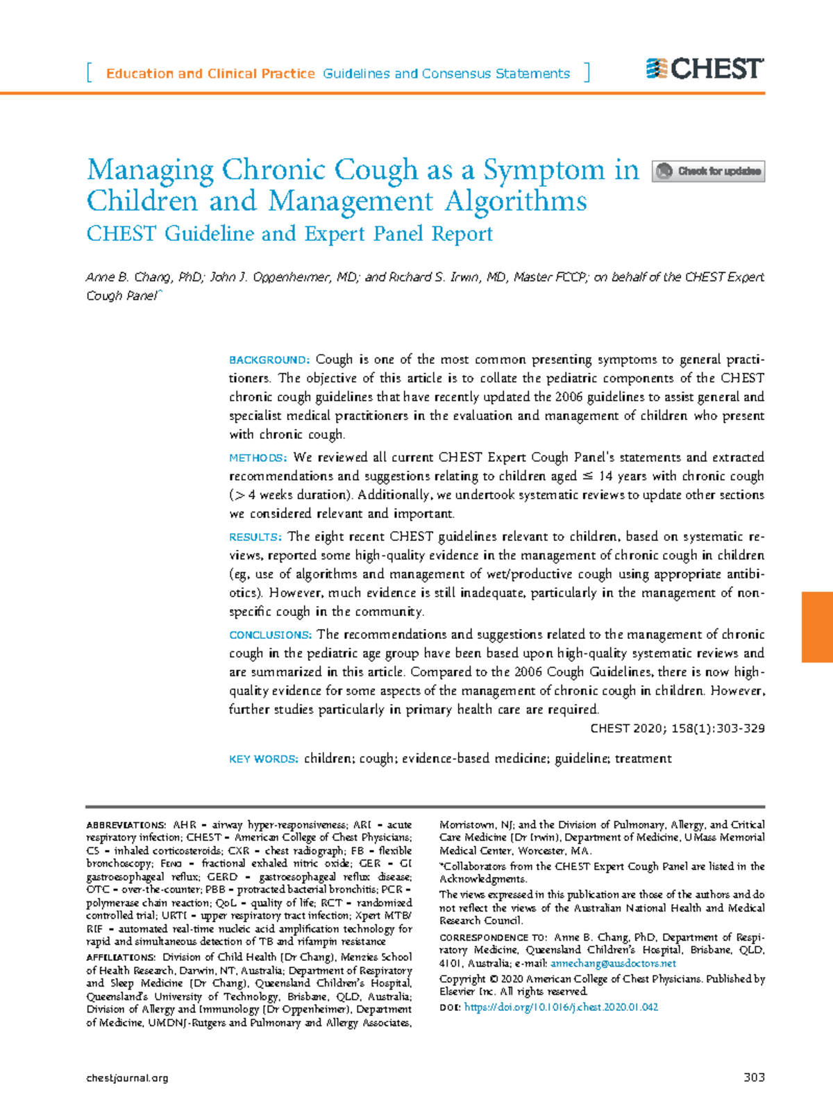 TOS - CHEST Guidelines for Managing Chronic Cough in Pediatrics - Studocu