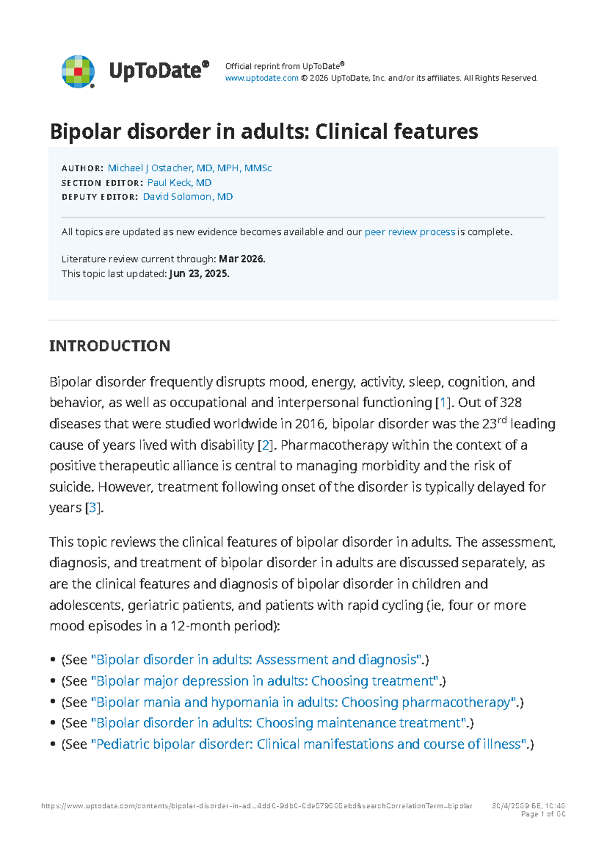 Bipolar Disorder in Adults: Clinical Features Overview - UpToDate - Studocu