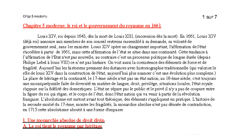 Chapitre 5 Moderne : Louis XIV et l'Absolutisme en 1661 - Studocu