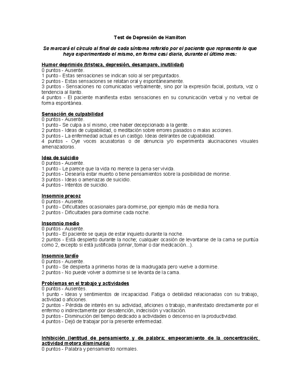 Test de Depresión de Hamilton y Escalas de Depresión Zung - Studocu