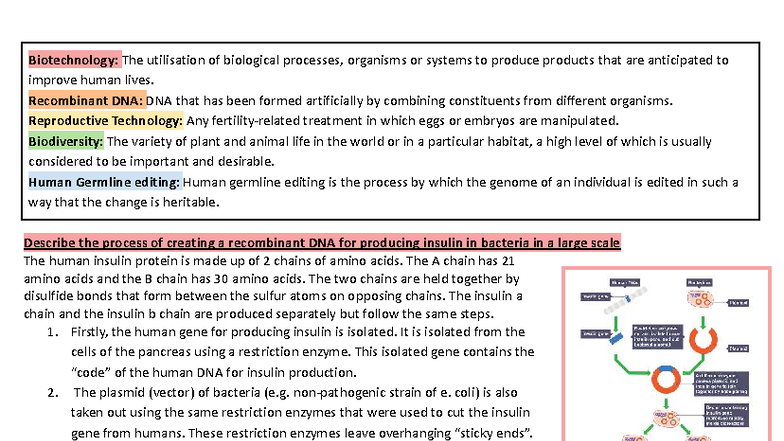 Biology Task - Cheat Sheet: Biotechnology & Genetic Engineering Concepts - Studocu