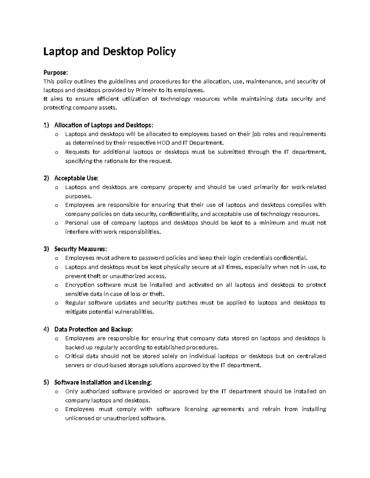 Laptop and Desktop Policy Guidelines for Primehr Employees - Studocu