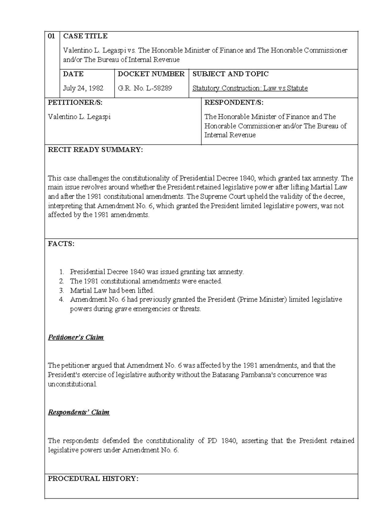 01 CASE STUDY: Legaspi vs. Minister of Finance, G.R. No. L-58289 - Studocu